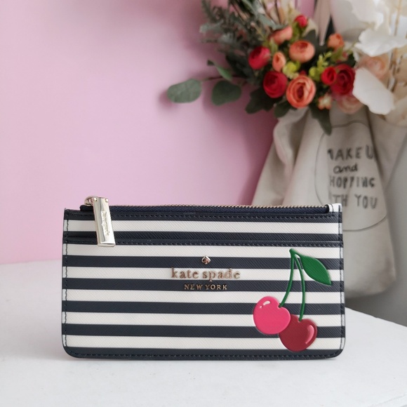 kate spade | Bags | New Kate Spade Bing Large Slim Striped Cherry Card ...